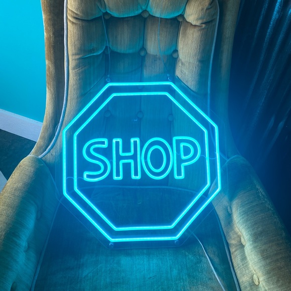 Wall Decor | Neon Turquoise Stop Shop Sign 18 X 18 | Poshmark